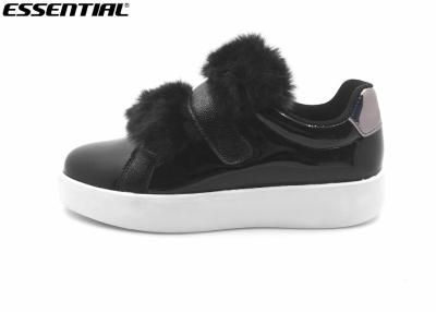 China Black Patent Ladies Casual Shoes One Velcro With Fur Piece TPR Outsole for sale
