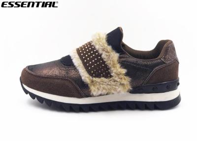 China Hot Fix Rhinestone Womens Velcro Shoes , Warm Faux Fur Sneakers For Women for sale