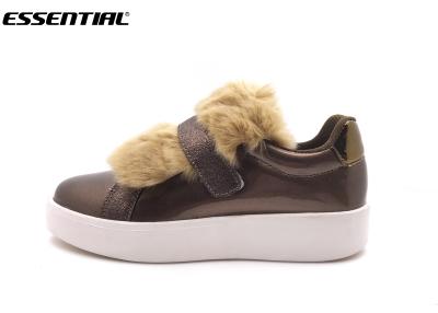 China Velcro Fur Ladies Casual Sneakers Brown Metallic Patent And Textured PU for sale