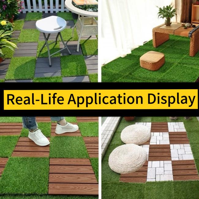 Artificial grass tiles in garden or patio application