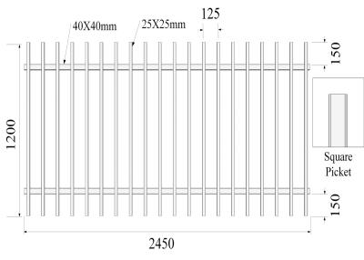 Cina Square picket 25mm x 25mm 2 rail 40mmx40mm x 1.5mm H1200mmXW2450mm Hercules Fence in vendita