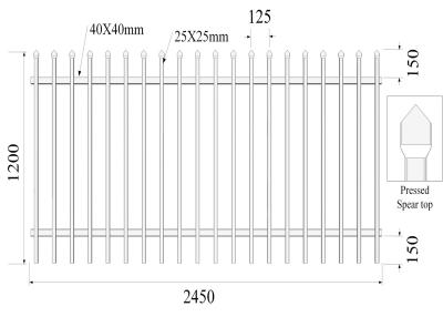 Cina Top Crimped PRESSED Spear 25mmx25mm Picket 2 rails SHS40mm H1200mmxW2450mm Hercules Fence Panels in vendita