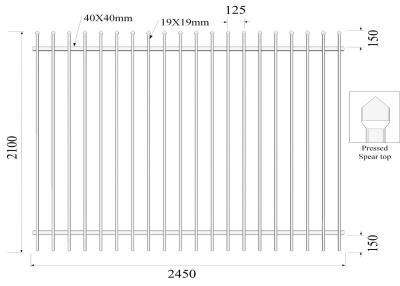 Cina Crimped Spear Picket Garrison Fencing Panels 2.1mtr x 2.45m Rails 40mm 19mmx19mm picket spacing 100mm in vendita