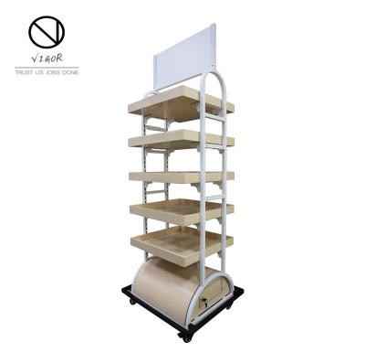 China Eco-friendly Bread Display Rack with Storage and Custom Logo on Wheels for sale
