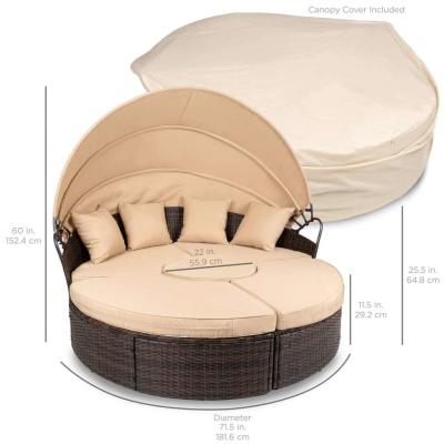 Cina Modern Hotel Outdoor Furniture Patio Rattan Round Flip Top Daybed With Canopy Cushion For Backyard Porch in vendita