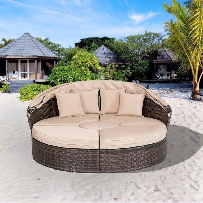 Cina Modern Hotel Outdoor Furniture Patio Rattan Round Flip Top Daybed With Canopy Cushion For Backyard Porch in vendita