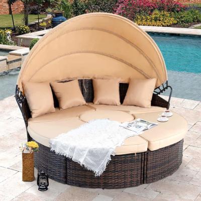 Cina Modern Hotel Outdoor Furniture Patio Rattan Round Flip Top Daybed With Canopy Cushion For Backyard Porch in vendita