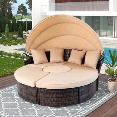 Cina Modern Hotel Outdoor Furniture Patio Rattan Round Flip Top Daybed With Canopy Cushion For Backyard Porch in vendita