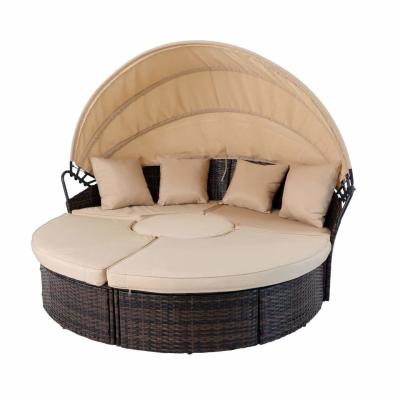 Cina Modern Hotel Outdoor Furniture Patio Rattan Round Flip Top Daybed With Canopy Cushion For Backyard Porch in vendita