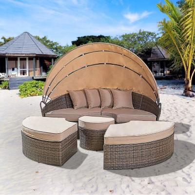 Cina Modern Hotel Outdoor Furniture Patio Rattan Round Flip Top Daybed With Canopy Cushion For Backyard Porch in vendita