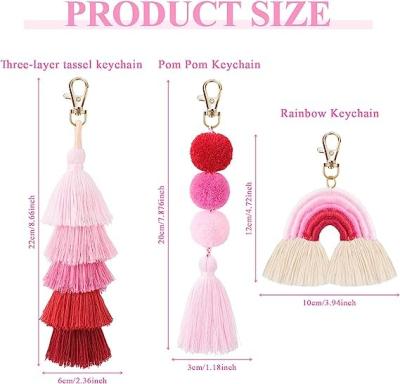 Cina Boho Macrame Keychains Pom Pom Tassel Rainbow Keychains Cute Colorful Tassel Keychain Purse Charms for Handbags in vendita