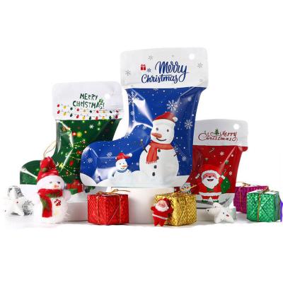 China Christmas Socks Stand Up Aluminium Pouches Decorations Plastic Reasable Food Packaging Gift Bags for sale