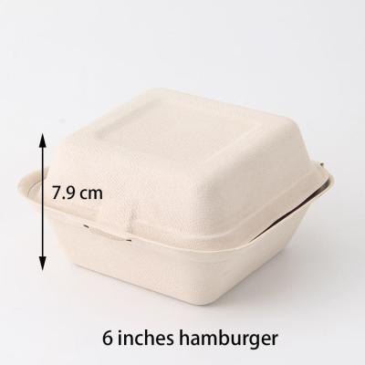 China Custom 6x6 Inch Take Away Lunch Packing Fast Food Container Biodegradable Clamshell Bagasse Hamburger Sugarcane Burger for sale