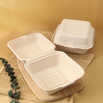 China Custom 6x6 Inch Take Away Lunch Packing Fast Food Container Biodegradable Clamshell Bagasse Hamburger Sugarcane Burger for sale
