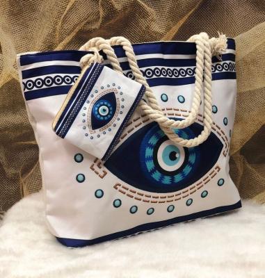 Cina Devil's Eye Women's Beach Bag Puro cotone portatile grande capacità sacchetto di tela può essere stampato logo in vendita