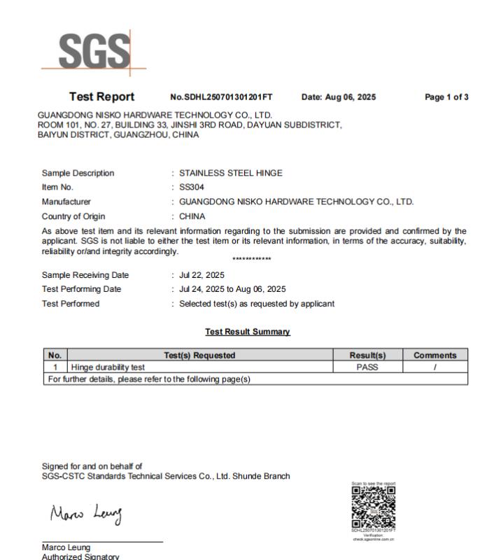 Hinge durability test - Nisko Hardware Tech Co., Ltd.