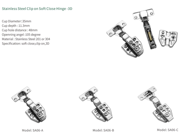SA06-A 3D Adjustable SUS304 Clip on Soft Closing Hinge factory