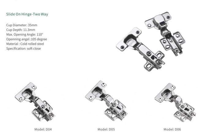 D04 Universal Slide on Soft Closing Two Way Cabinet Hinge manufacture