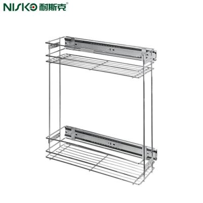 China Double Tier Pull Out Wire Shelving Unit Kitchen Condiment Bottle Storage Rack for sale