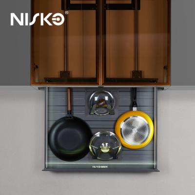 China Pull Down Pantry Organizer Pot and Pan Rack Touch Automatic Lifting Basket for sale