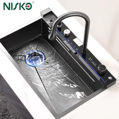China Multi Function Smart Kitchen Sink Double Bowl with Pull Out Faucet for sale