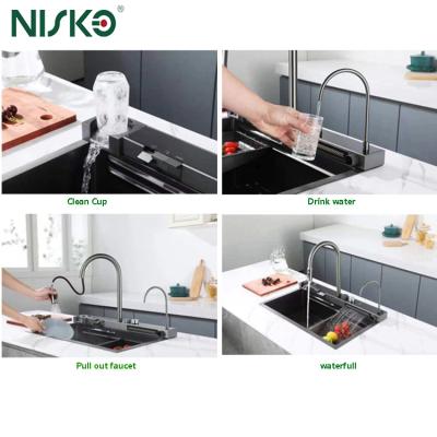 China Multi Function Smart Kitchen Sink Double Bowl with Pull Out Faucet for sale