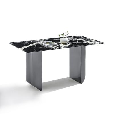 China Custom Size Sintered Stone Tabletop Black Color Mirror Stainless Steel Base Dining Table for sale