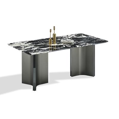China Modern Bulgari Black Sintered Stone Tabletop PVD Coating Black Color Mirror Stainless Steel Base Dining Table for sale