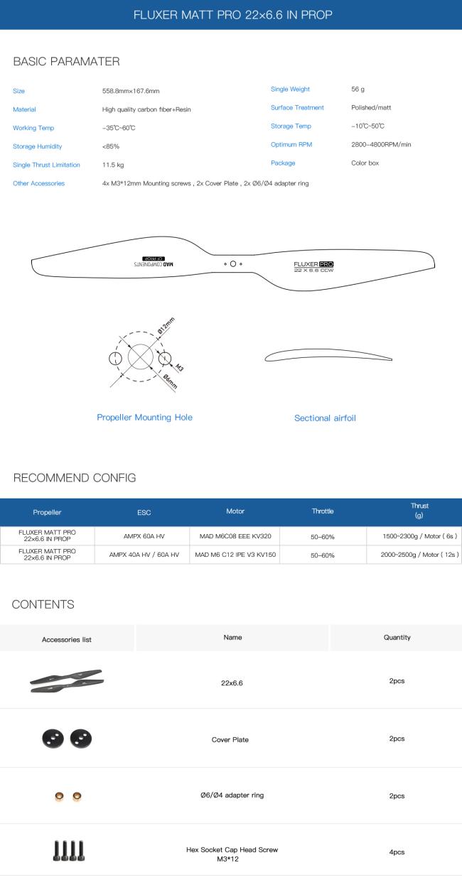FLUXER PRO MATT 22x6.6 inch propeller showing matte carbon fiber surface