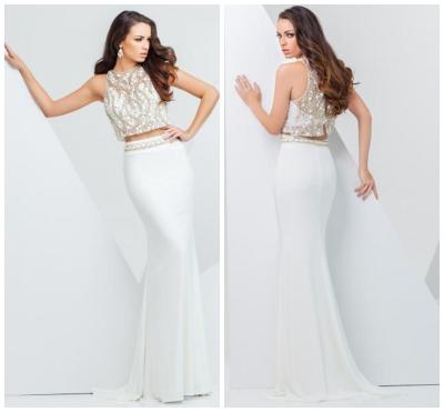 China White Beaded Crystal 2 Pieces Stretch White High Neck Prom Dresses Sweep Train for sale