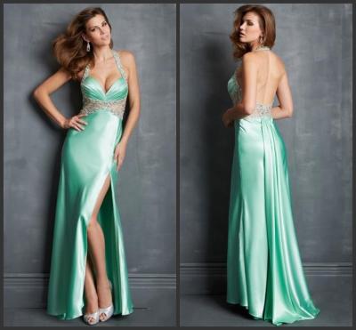 China Green Halter Satin Womens Evening Dresses / Sleeveless Open Front Dress for sale