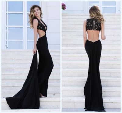 China Deep V Neck Mermaid 2 Piece Stretch Prom Dresses with Lace Top / Panel Train for sale
