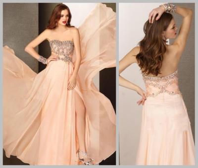 China Chiffon Front Split Maxi Dress , Strapless Beaded Floor Length Formal Evening Gowns for sale