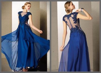 China Stunning Sheer Back Beaded Sequins Long Prom Dresses With Cap Sleeves for sale