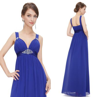 China Blue Sexy V Neck Rhinestone Spaghetti Strap Prom Dress with Sash for sale