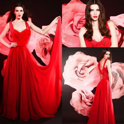 China Red Flower Lace Sweetheart Ruffles Womens Evening Dresses with Criss Cross Straps for sale