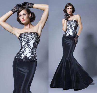 China Black Mermaid Strapless Satin Womens Evening Dresses with Lace Flower Applique for sale