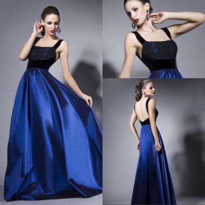 China Sleeveless Satin Backless Womens Evening Dresses Velvet Straps in Black Blue for sale