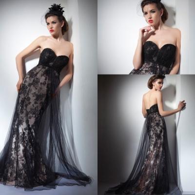 China Sweep Train Sheath Strapless Womens Evening Dresses Sweetheart with Flower Lace Applique for sale
