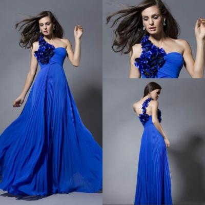 China Custom made One Shoulder Applique Prom Dress / Ladies Blue Long Pleated Dress for sale