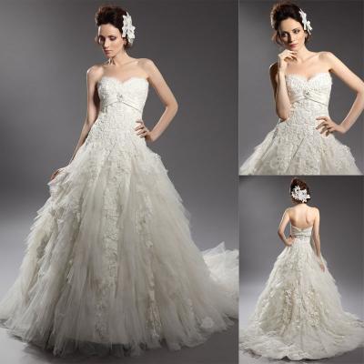 A Line Teried Ruffles Sweetheart Wedding Gowns , Sleeveless Lace Ball Gowns