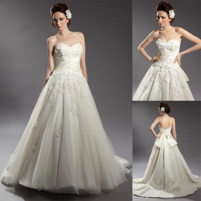 China Beaded Flower Applique Tulle Sweetheart Wedding Gowns with Bow Knot Belt for sale