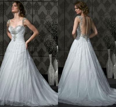 China Beautiful Long Train Lace Sweetheart Wedding Gowns with Covered Button for sale