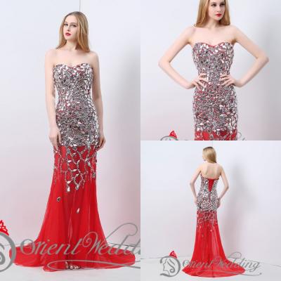 China Sweetheart Tulle Red Evening Dress with Heavy Bling Crystal Sequins for sale