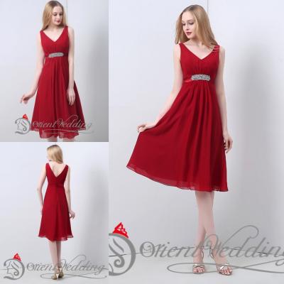 China V Neck Short Ladies Party Dress Bling Crystal Beads Sash Belt for sale