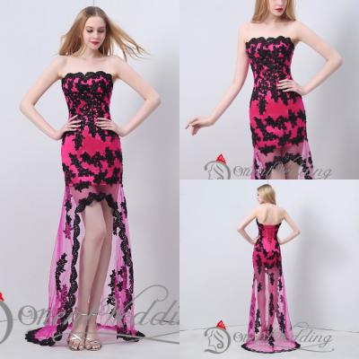 China Hi - Lo Sheer Tulle Womens Evening Dresses Beads Flower Lace Applique for sale