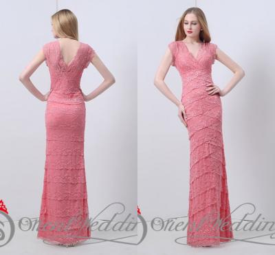 China Pink Sexy Sheath V Neck Lace Evening Dress / Cascading Ruffles Party Dresses for sale