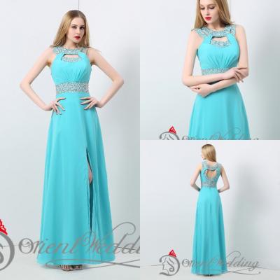 China A Line Satin Beads Womens Evening Dresses Front Split / Criss Cross Straps for sale