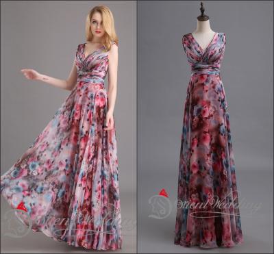 China A Line V Neck Womens Evening Dresses , Printed Chiffon Party Dresses for sale