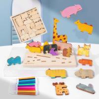 Quality Wooden 3d Puzzle Jigsaw Kids Creative Diy Animal Puzzle Blocks Graffiti Painting for sale